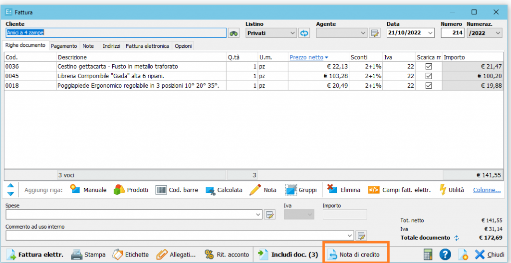 Nota di credito con Easyfatt: come si crea